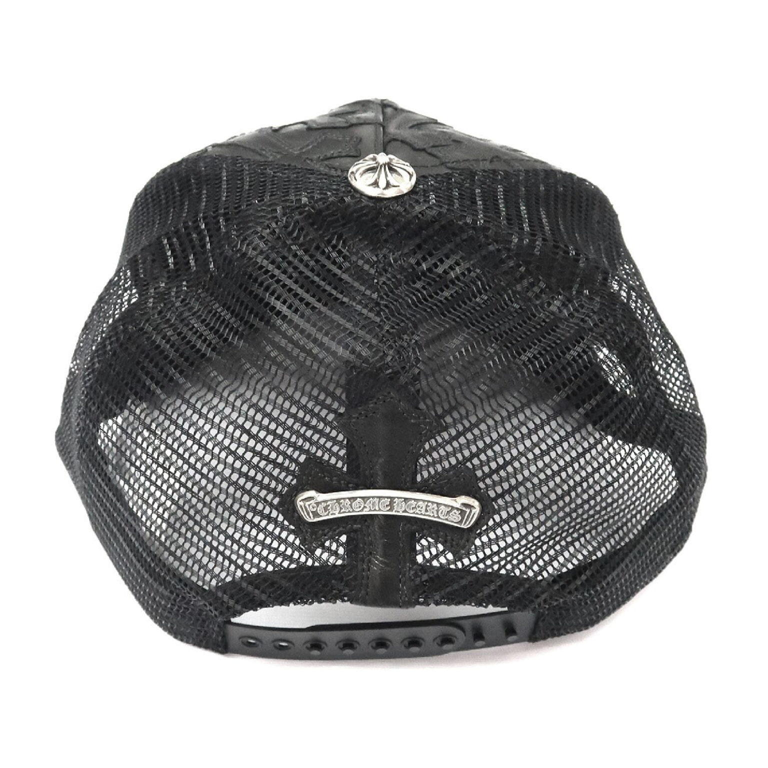 Chrome Hearts Cemetery Cross Leather Stitched Trucker Hat – Black ...